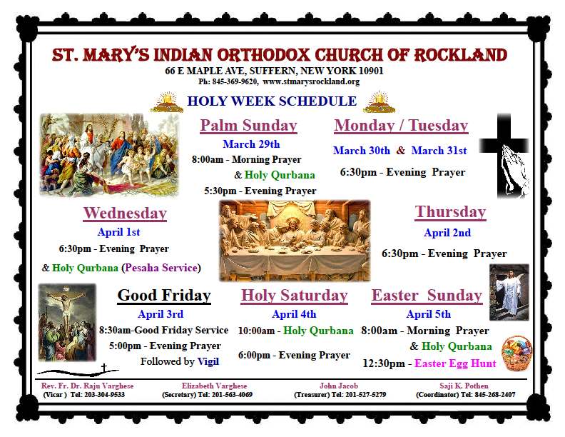 Passion Week Schedule 2015 - St Mary's Indian Orthodox Church of Rockland